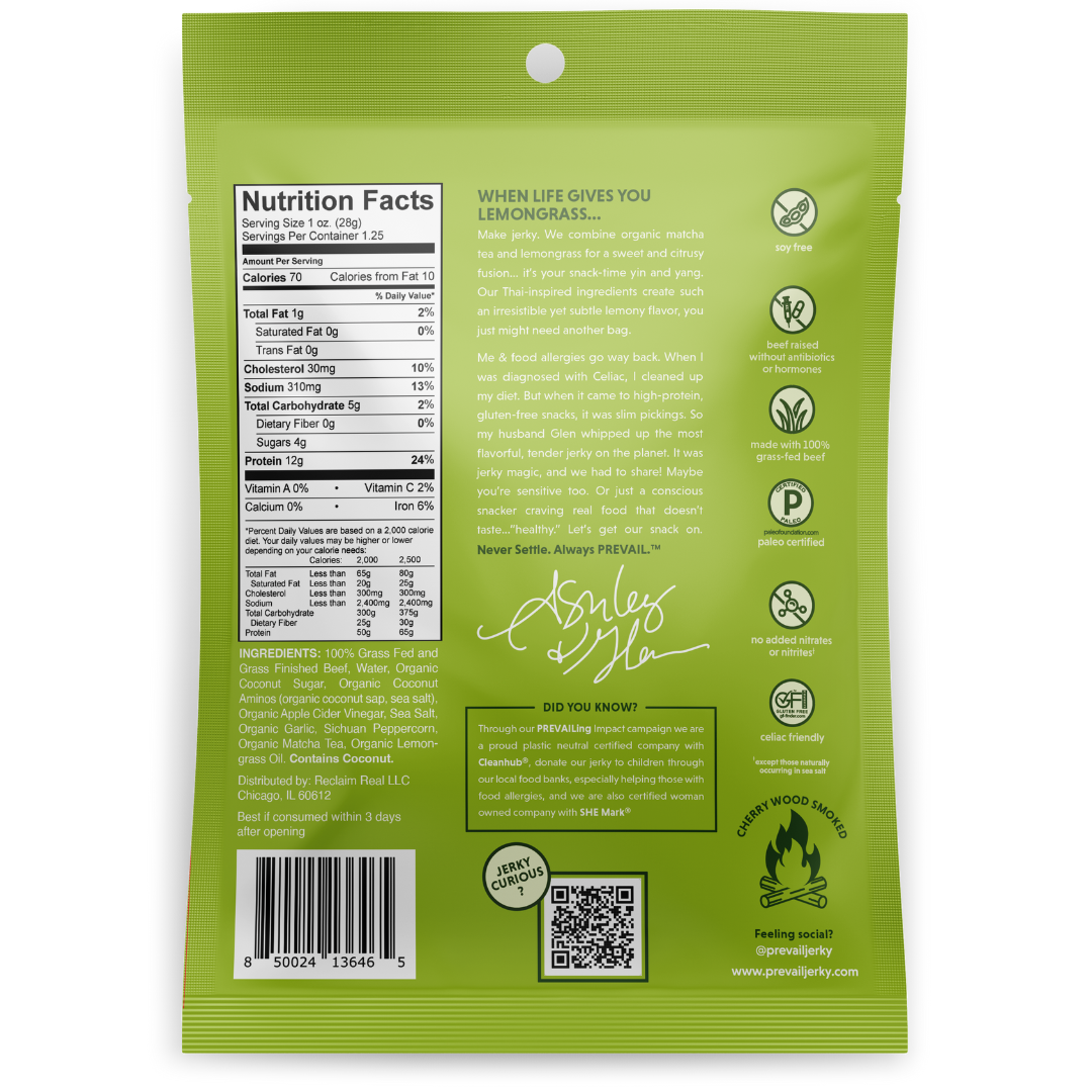Lemongrass Beef Jerky - PREVAIL Jerky - 100% Grass-Fed Beef Jerky- Single Serve 8 pack